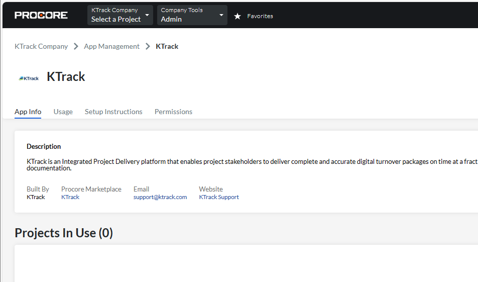 Verify KTrack integration and Procore Company setup