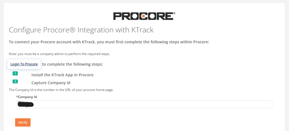 Configure Procore company integration with KTrack