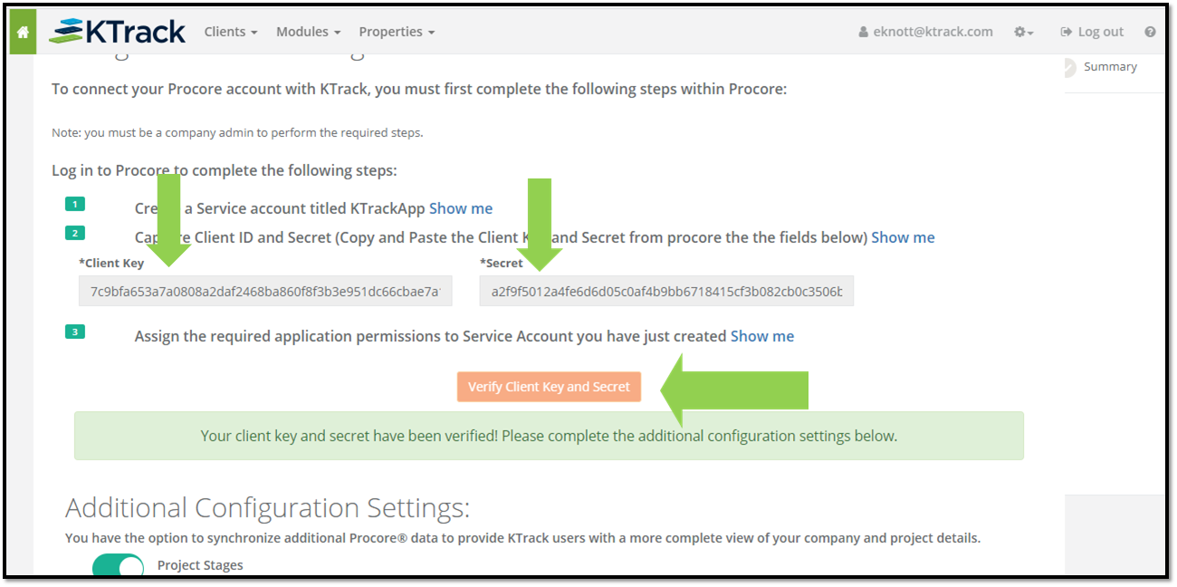 Configure Procore company integration with KTrack